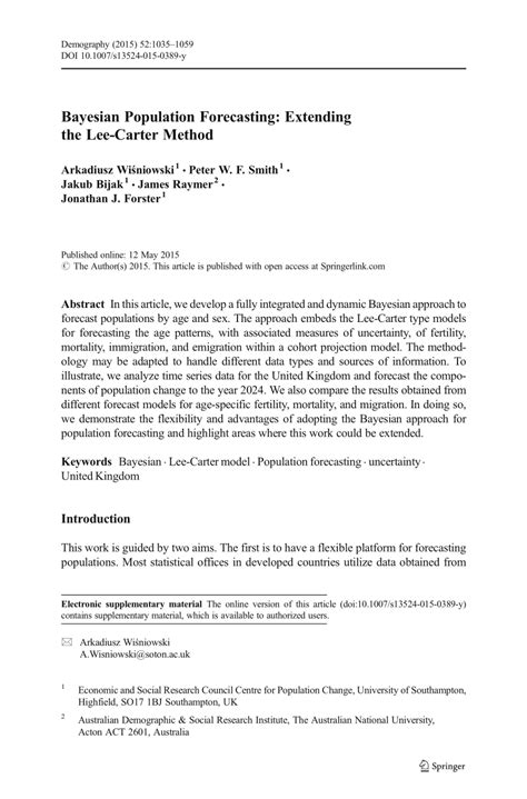 Pdf Bayesian Population Forecasting Extending The Lee Carter Method