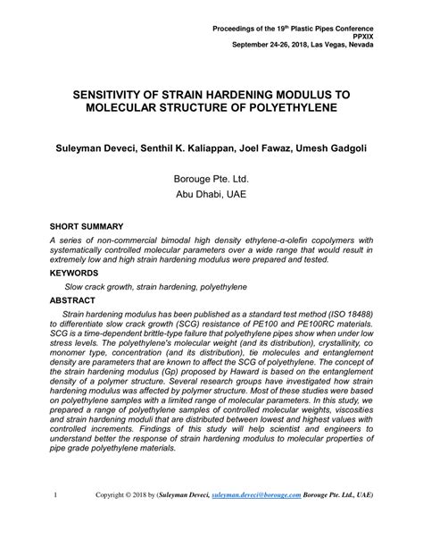 Pdf Sensitivity Of Strain Hardening Modulus To Molecular Structure Of Polyethylene