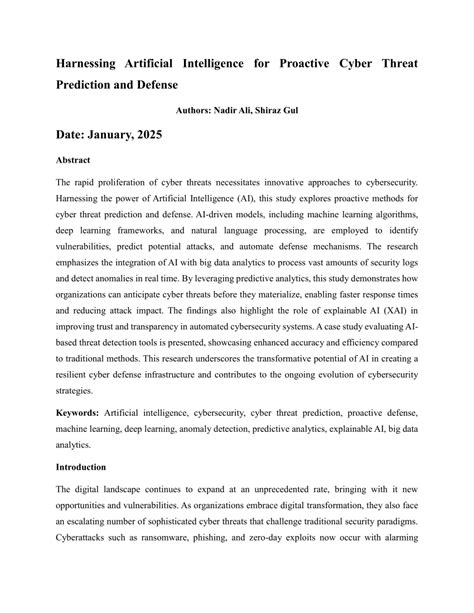 Pdf Harnessing Artificial Intelligence For Proactive Cyber Threat Prediction And Defense