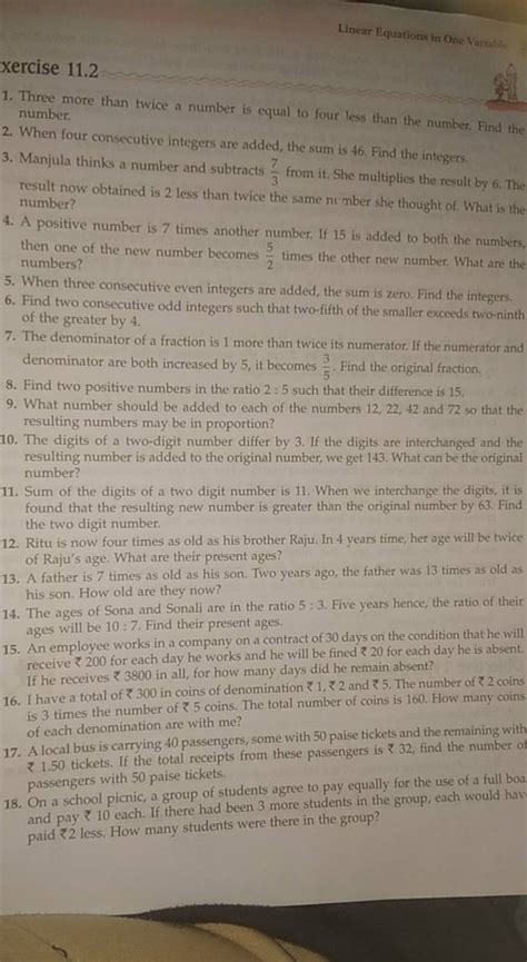 linear equations in one variable xercise 11 2 1 three more than twice a