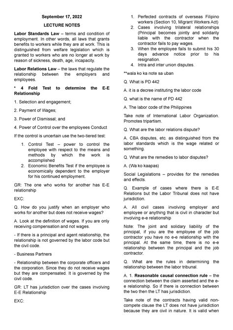 labor law review lecture notes september 17 2022 lecture notes labor