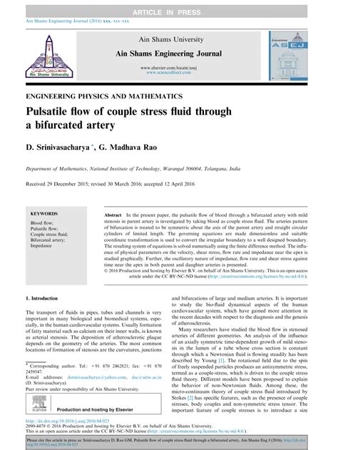 Pdf Pulsatile Flow Of Couple Stress Fluid Through A Bifurcated Artery Pdf Pulsatile Flow Of Couple Stress Fluid Through A Bifurcated Artery