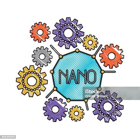 색상 크레용 실루엣에서 나노 분자의 주위에 기어 기계 설정 기어 기계 부분에 대한 스톡 벡터 아트 및 기타 이미지 기어 기계