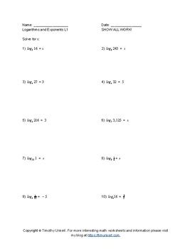 Logarithms And Exponents Worksheet Pack With Quiz Included By Timothy Unkert
