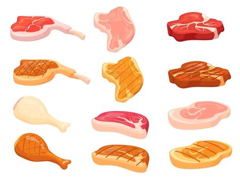 만화 고기 안심 슬라이스 필렛 쇠고기 스테이크 립아이 또는 구운 돼지고기 컷 지방 원시 로스트 그릴 음식 요리 식사 절연 생소 조각 소 깔끔한 벡터 일러스트 레이 션