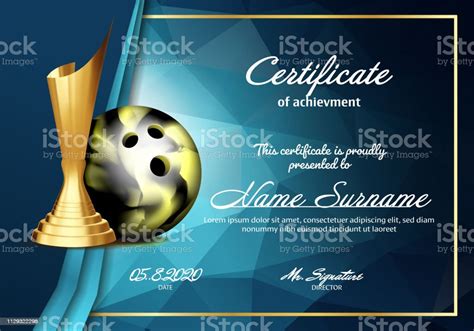 골든 컵 벡터와 볼링 인증서 디플로마입니다 스포츠 빈티지 감사입니다 현대 선물입니다 빈 인쇄 A4 가로입니다 이벤트 일러스트 볼링에 대한 스톡 벡터 아트 및 기타 이미지