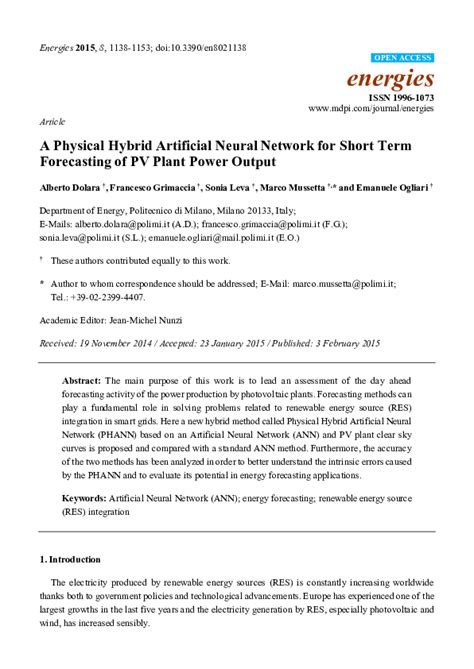 Pdf A Physical Hybrid Artificial Neural Network For Short Term Forecasting Of Pv Plant Power