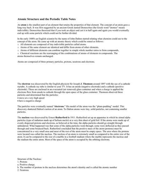 Atomic Structure And Periodic Table Notes