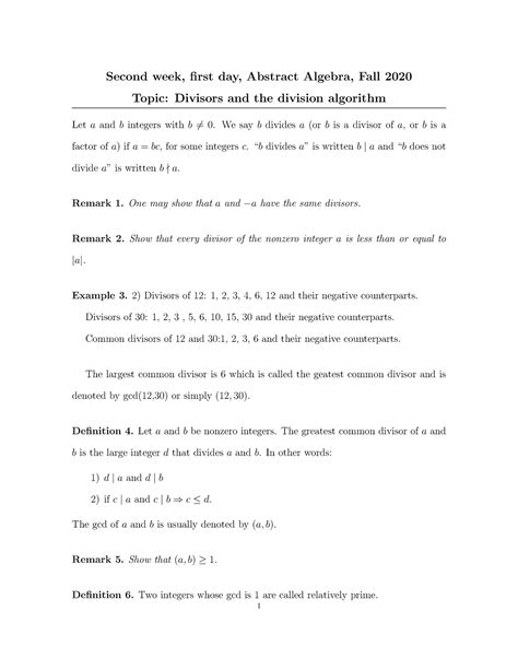 Note4 Divisors And The Division Algorithm Second Week First Day Abstract Algebra Fall