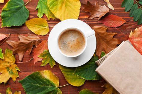 단풍과 양탄자를 둘러싸인 나무 테이블에 뜨거운 향기로운 커피 한잔과 함께을 배경 0명에 대한 스톡 사진 및 기타 이미지 0명 가을 겨울 Istock