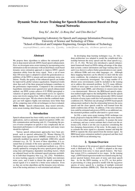 Pdf Dynamic Noise Aware Training For Speech Enhancement Based On Deep Neural Networks