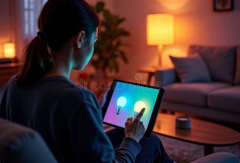 Woman Adjusts Lights On Tablet Glow Generative Ai Stock Illustration