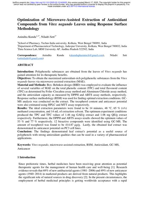 Pdf Optimization Of Microwave Assisted Extraction Of Antioxidant Compounds From Vitex Negundo
