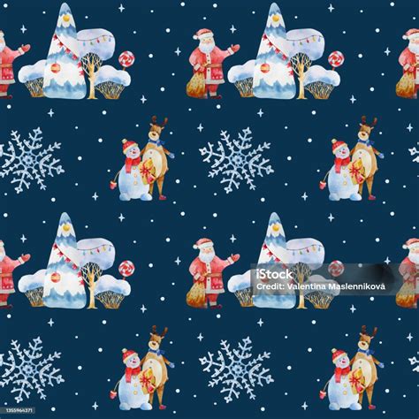 크리스마스 눈사람 산타 클로스 순록과 겨울 나무와 원활한 수채화 패턴 파란색 배경에 귀여운 어린이 동화 일러스트 겨울에 대한 스톡 벡터 아트 및 기타 이미지 Istock