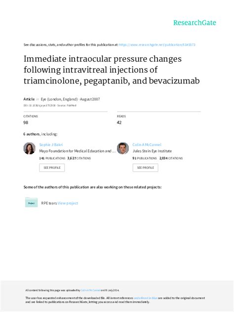Pdf Immediate Effect Of Intravitreal Bevacizumab Injection On Intraocular Pressure Naila