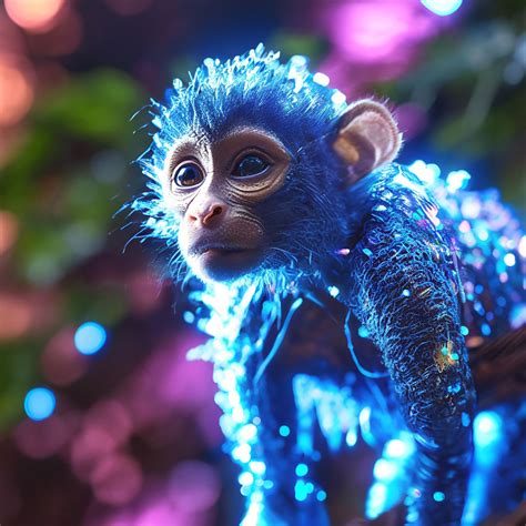 Megarealism High Detail Shining Aura Monkey On A Tree Blue Neon