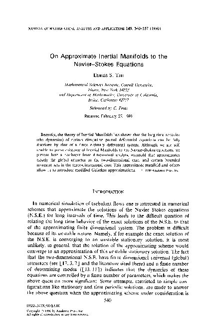 Pdf On Approximate Inertial Manifolds To The Navier Stokes Equations