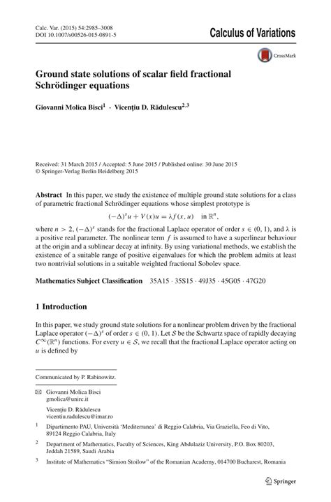 Pdf Ground State Solutions Of Scalar Field Fractional Schrödinger Equations