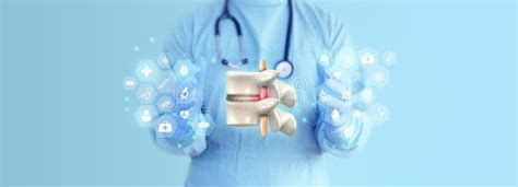 Doctor Analyzes Herniated Disc Concept With Medical Icons On Light Blue Background Stock