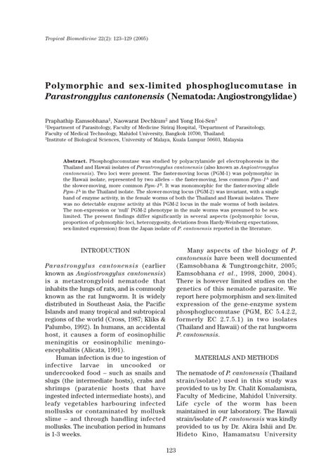 Pdf Polymorphic And Sex Limited Phosphoglucomutase In Parastrongylus Cantonensis Nematoda