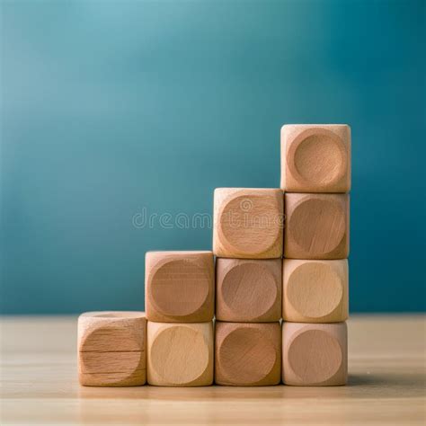 wooden blocks bar graph on wooden surface with soft blue background