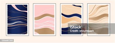 럭셔리 골든 추상벽 아트 세트 골든 딥 블루 라이트 핑크 모래 색 그라데이션 0명에 대한 스톡 벡터 아트 및 기타 이미지 0명 개념 개체 그룹 Istock