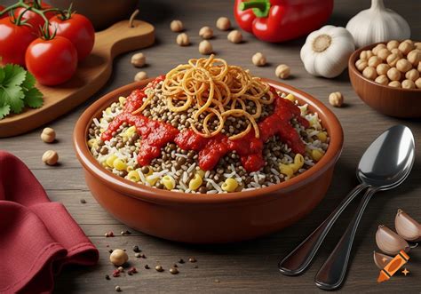 A Bowl Of Koshari An Egyptian Dish With Rice Lentils Pasta Tomato