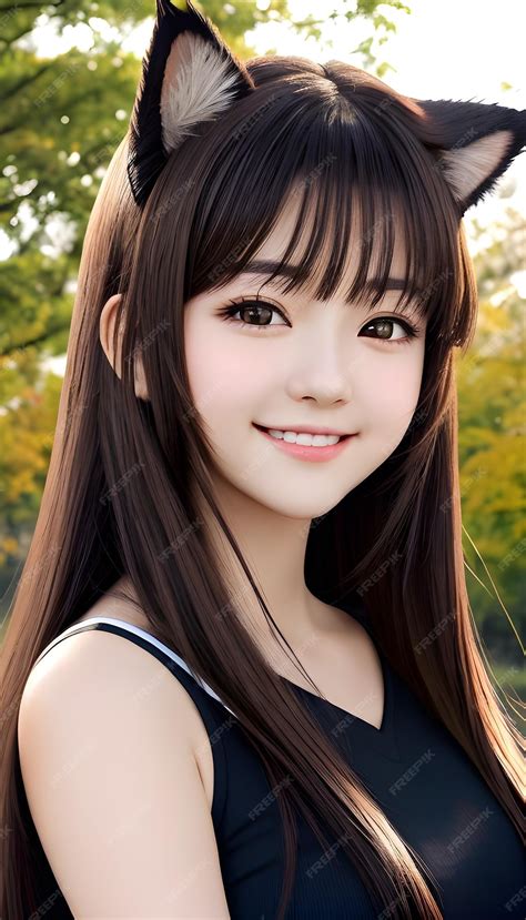 Premium Photo Anime Cute Smile Girl With Cat Ears Long Heir Brown