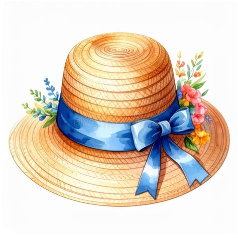Beige Straw Hat With Blue Ribbon And Flowers Stock Illustration