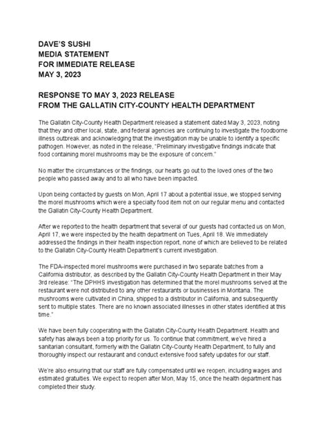 Dave S Sushi Media Statement Pdf