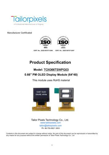 Product Specification Model TOX130KSWLG01 1 3 OLED Display Module 128 64 TAILOR PIXELS