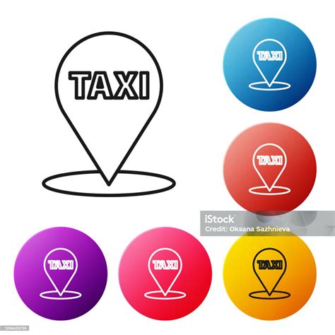 흰색 배경에 격리 된 택시 아이콘이있는 검은 선지도 포인터 위치 기호입니다 아이콘 다채로운 원 버튼을 설정합니다 벡터
