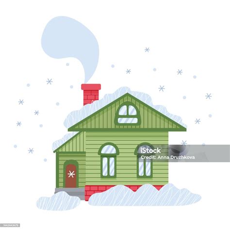 Winter Country Cozy Green House Vector Flat Illustration Stock
