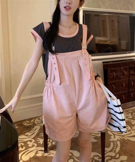 투피스가격 라운드넥 배색 반팔티 펌킨 멜빵 점프수트 코디세트