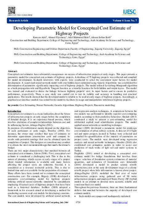 Pdf Developing Parametric Model For Conceptual Cost Estimate Of Highway Projects