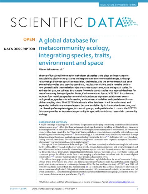 Pdf A Global Database For Metacommunity Ecology Integrating Species