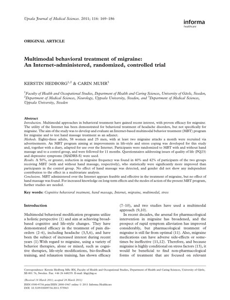Pdf Multimodal Behavioral Treatment Of Migraine An Internet Administered Randomized