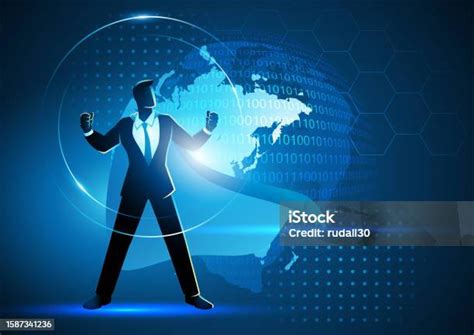 미래 지향적인 배경에 이진 세계를 가진 강력한 슈퍼히어로로서의 사업가 슈퍼히어로에 대한 스톡 벡터 아트 및 기타 이미지 슈퍼히어로 자신감 희망 Istock