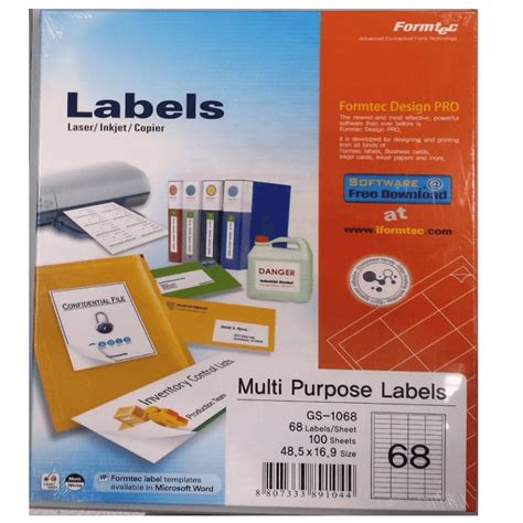 Formtec Multi Purpose Labels 68 Cuts Pack Of 100 Gs 1068