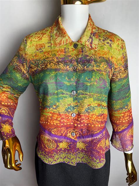 90s Colorful Silk Jacket Abstract Print Silk Blouse Floral Paisley