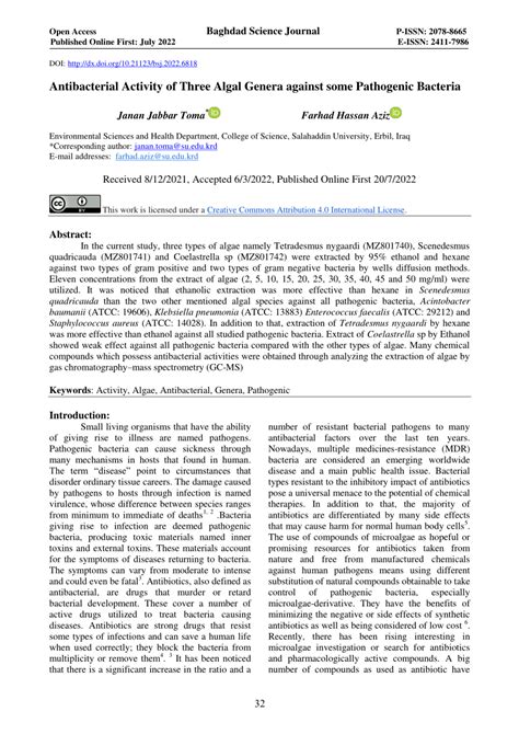 Pdf Antibacterial Activity Of Three Algal Genera Against Some Pathogenic Bacteria