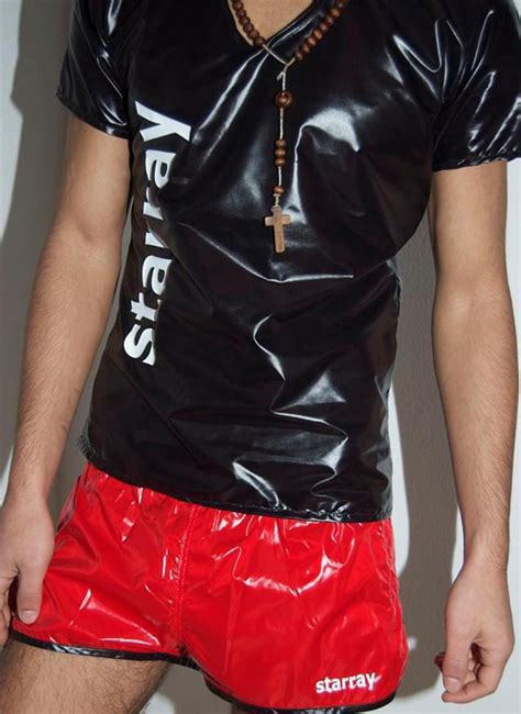 Starray Sportswear Shiny Black Top And Red Shorts Silk Shirt Men