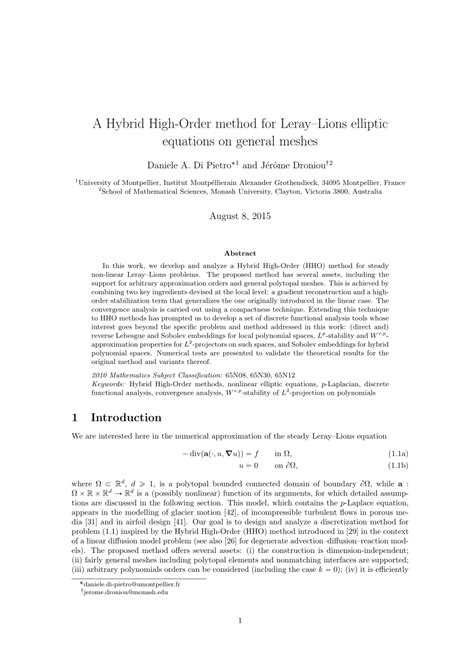 Pdf A Hybrid High Order Method For Leray Lions Elliptic Equations On General Meshes