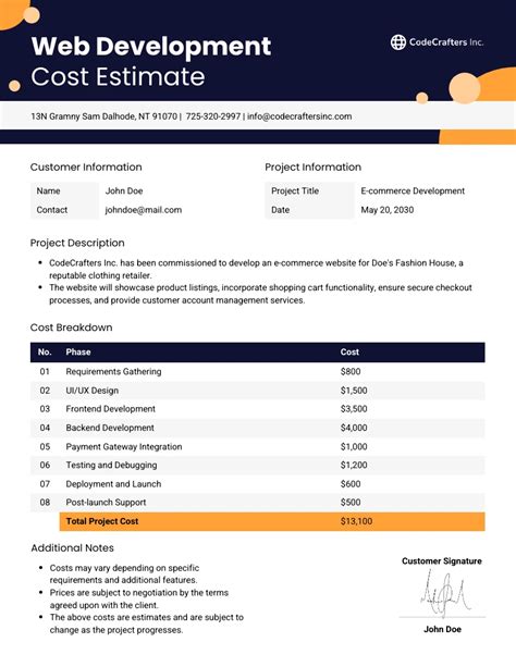 Web Development Cost Estimate Template Venngage