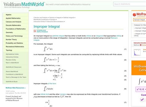 Wolfram Math World Improper Integrals Handout For 9th 10th Grade