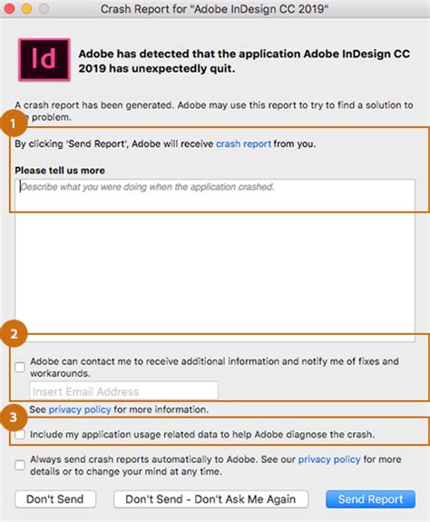 submit a crash report for indesign