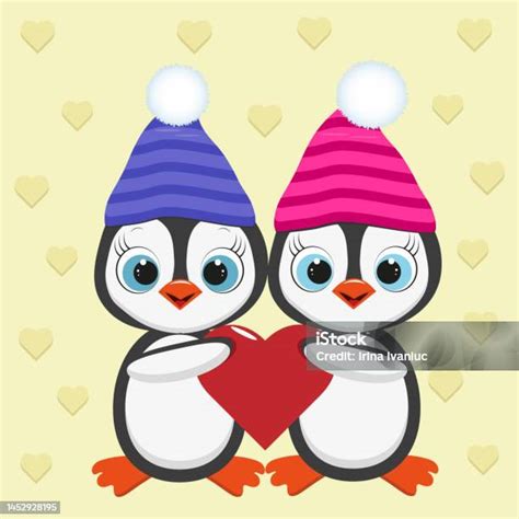 귀여운 펭귄 커플 사랑에 빠진 펭귄 벡터 손으로 그린 그림 낭만적 인 인쇄 발렌타인 데이 데이 카드 포스터 티셔츠 엽서에
