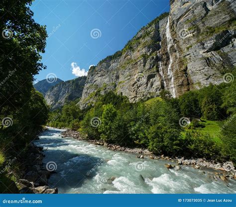 Waterfall And River In Lauterbrunnen Valley Stock Image Image Of