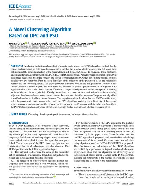 A Novel Clustering Algorithm Based On Dpc And Pso Pdf Cluster Analysis Mathematical