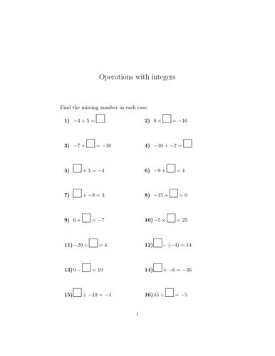 operations with integers missing numbers worksheet with answers
